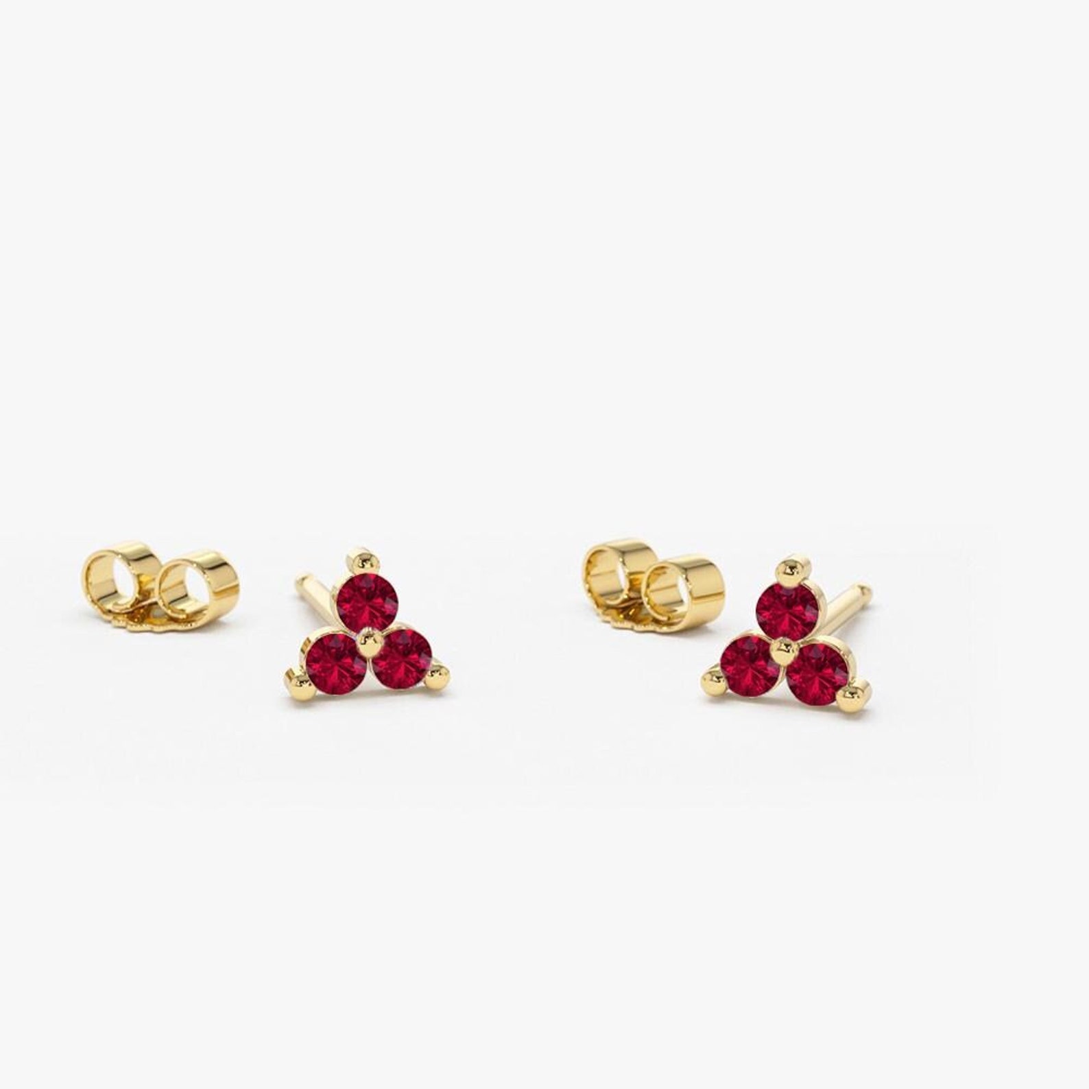 Three Stone Ruby Studs, 14k Solid Gold Plated Trio Ruby Earrings ...