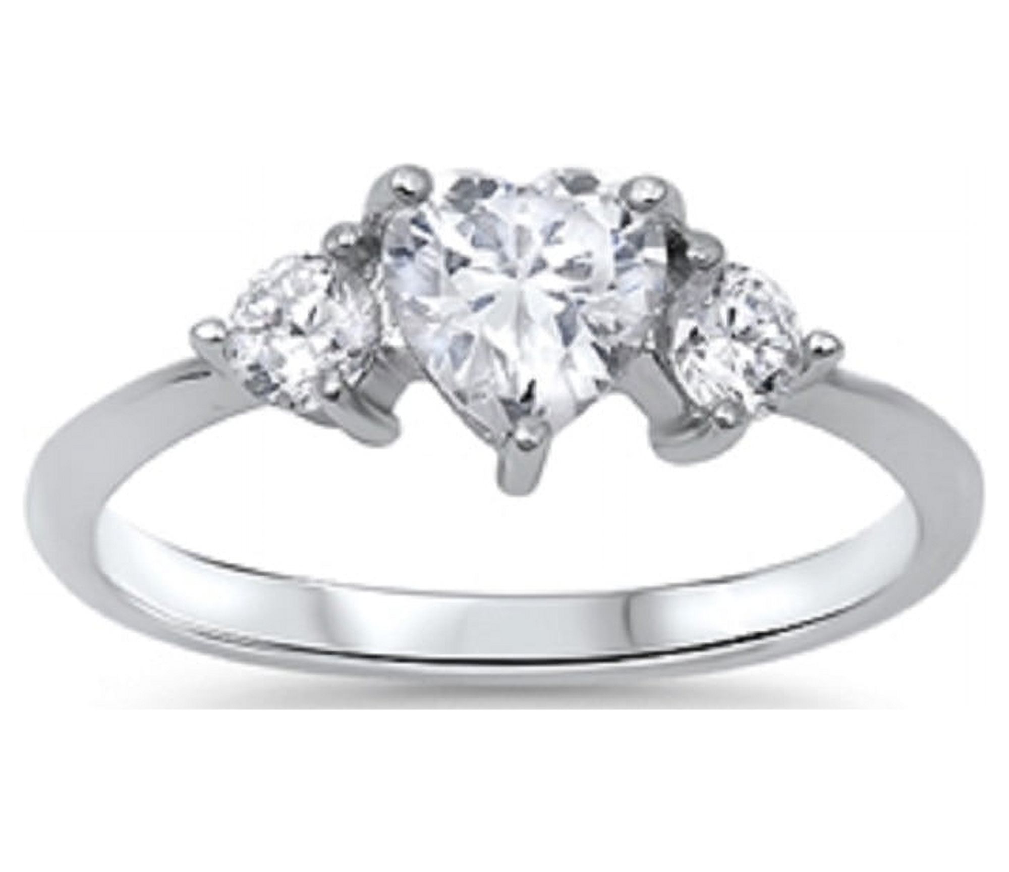 Three Stones Heart Center Cubic Zirconia Ring Sterling Silver 925 ...