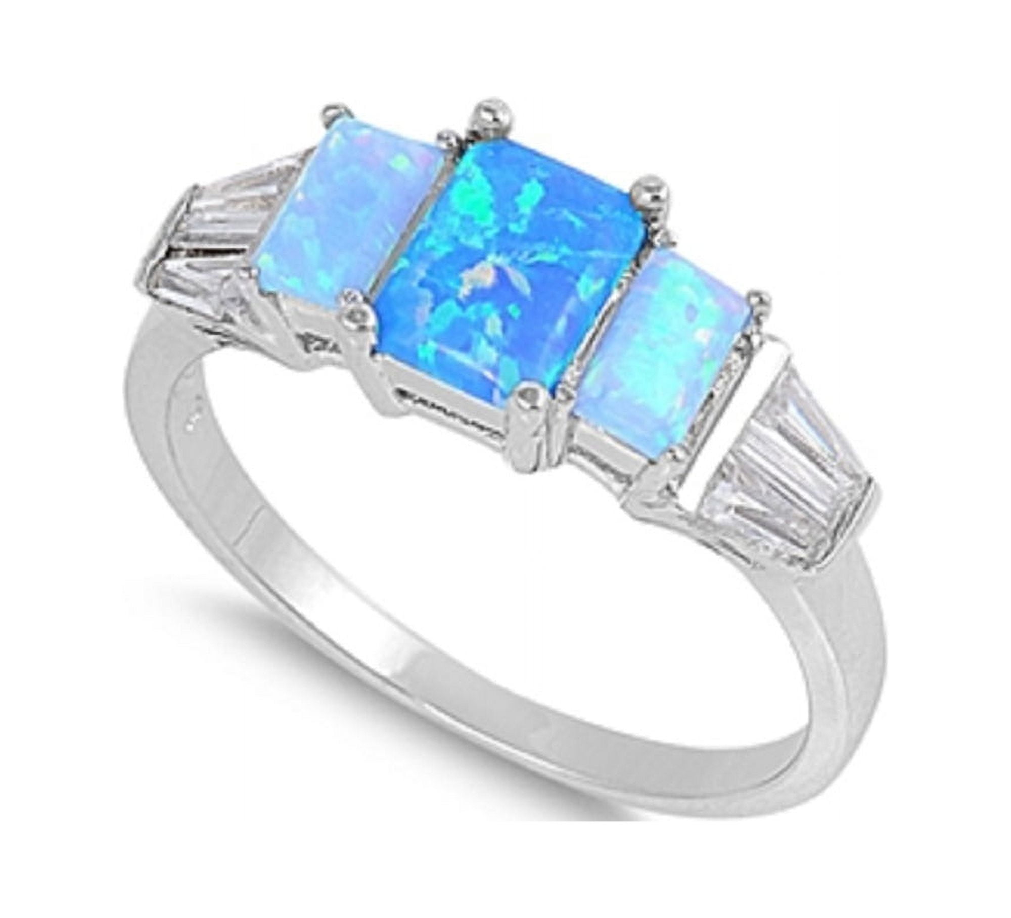 Three Stones Square Simulated Opal Cubic Zirconia Ring Sterling Silver ...