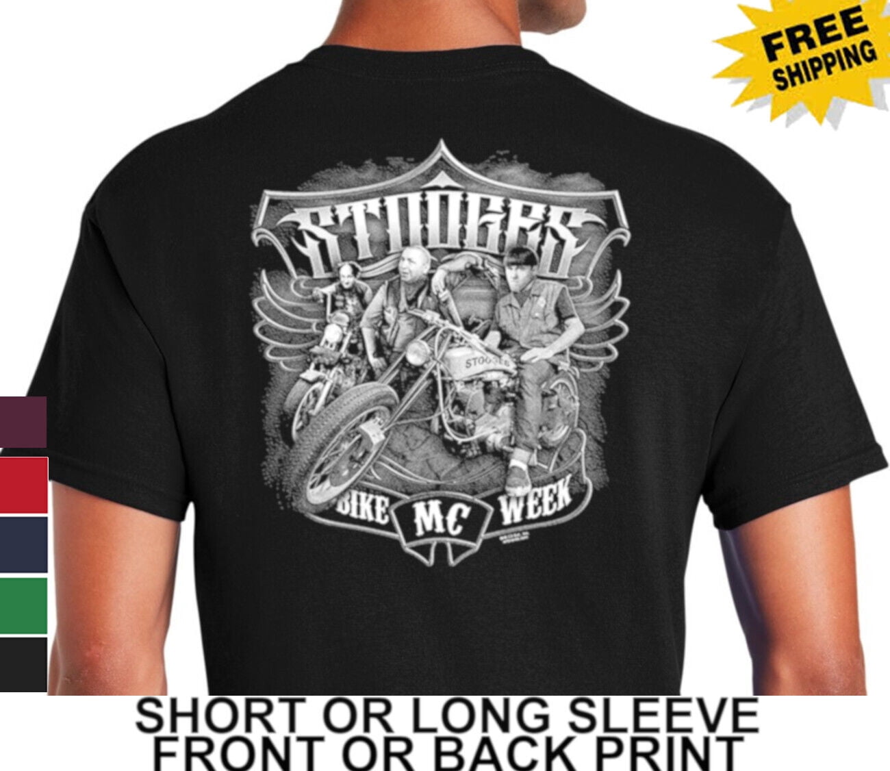 Three Stooges Motorcycle Club Wise Guys Larry Moe Curly Bike Week Men's ...