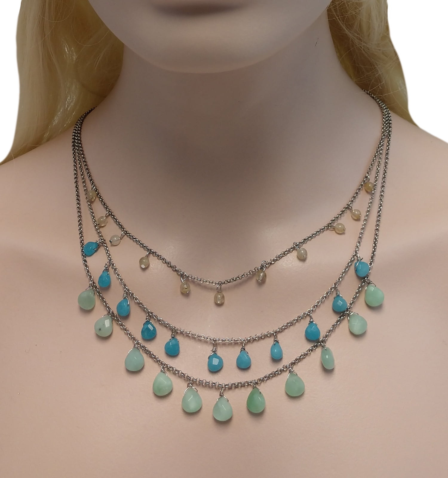 Three Strand Silver Tone Chain Necklace Turquoise Green Teardrops ...