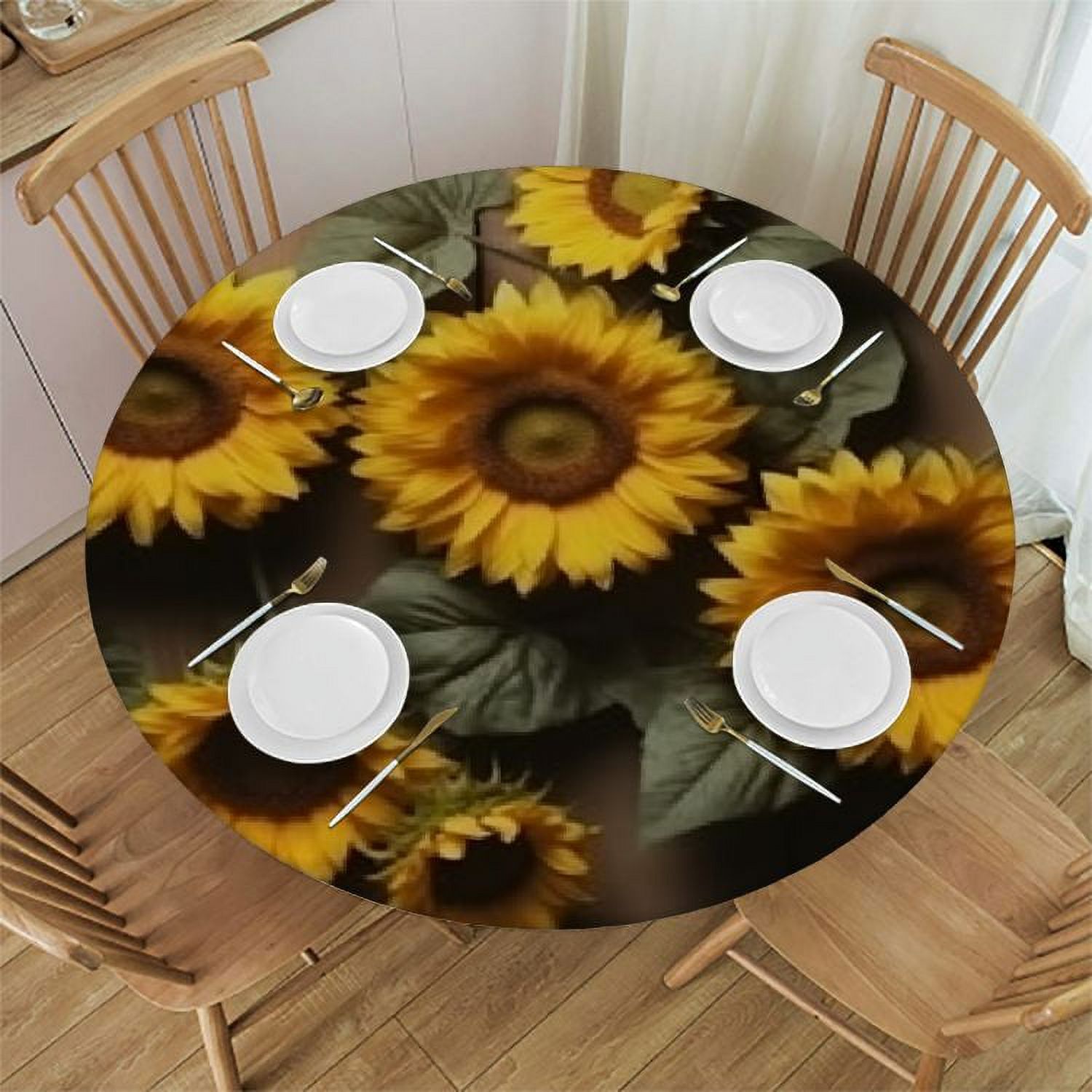 Three Sunflowers on Wooden Pattern Round decorative tablecloth can be ...