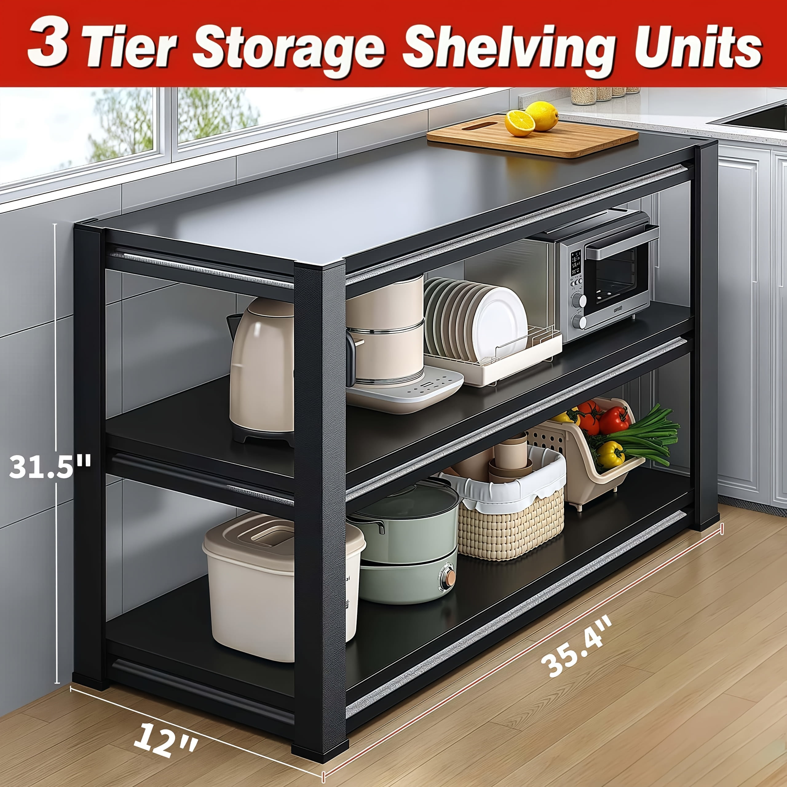 Three Tier Adjustable Metal Kitchen Storage Rack Organizer, Pantry and ...