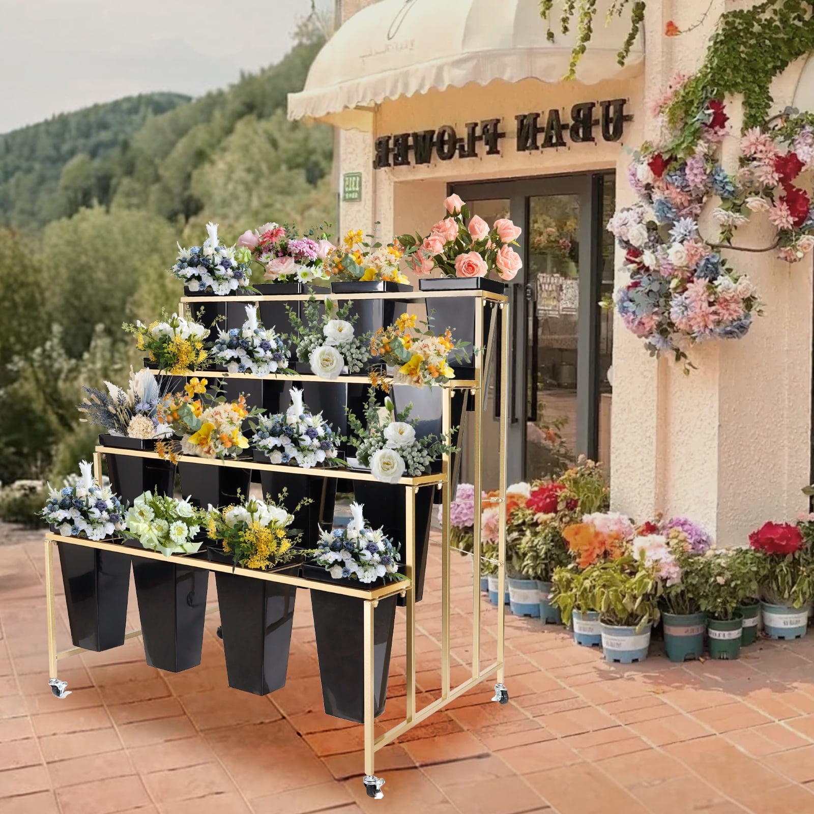 Three-Tier Gold Flower Stand, Metal Flower Cart with Wheels Level ...