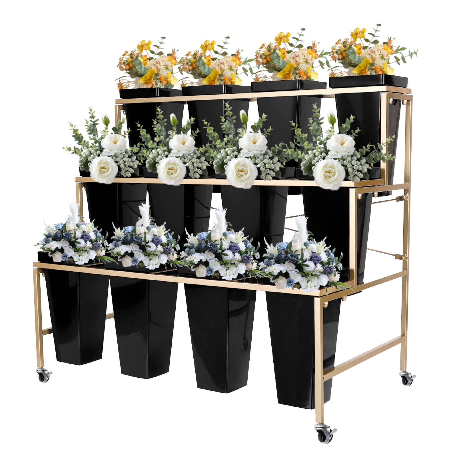 Three-Tier Gold Flower Stand, Metal Flower Cart with Wheels Level ...