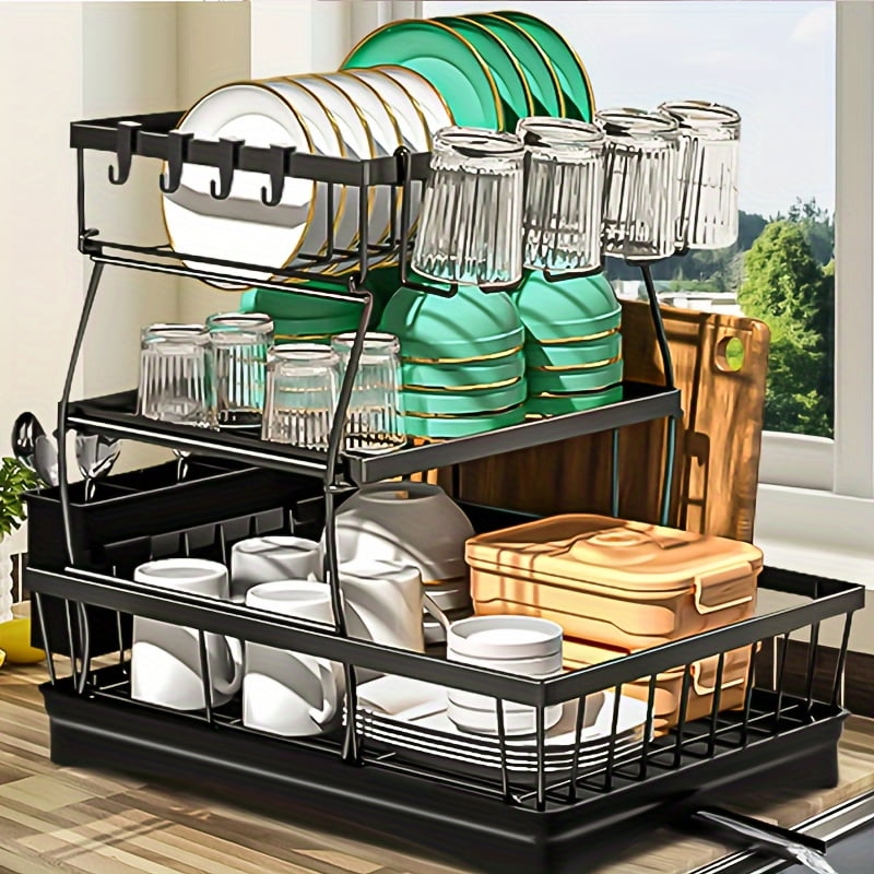 Three-Tier Kitchen Countertop Double Bowl Dish Rack with 360-Degree ...