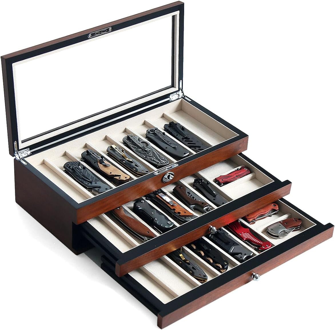 Three-Tier Knife Display Case Box with Glass Window and Walnut Finish ...
