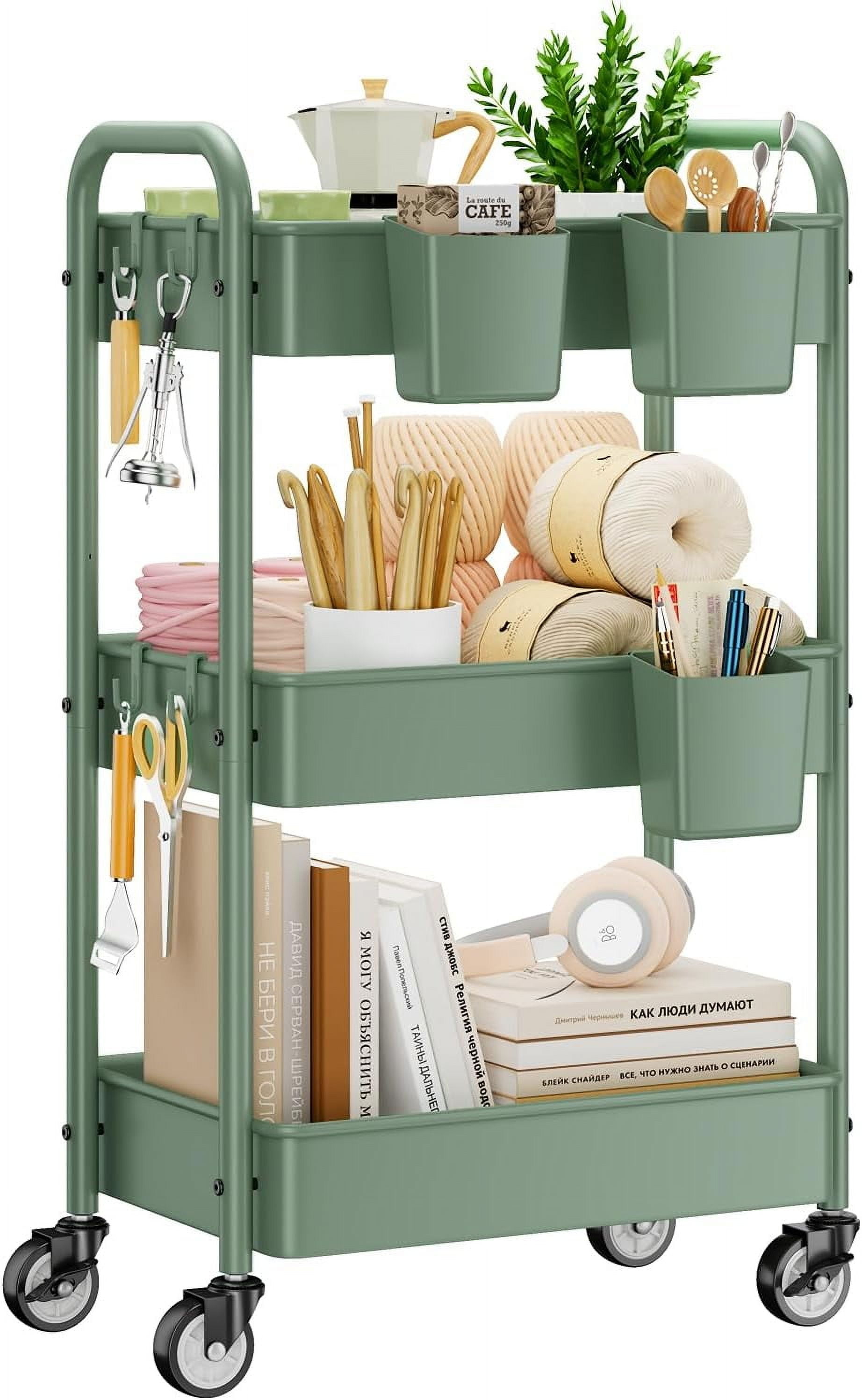 Three-Tier Rolling Cart - Metal Multi-Function Cart with Wheels ...
