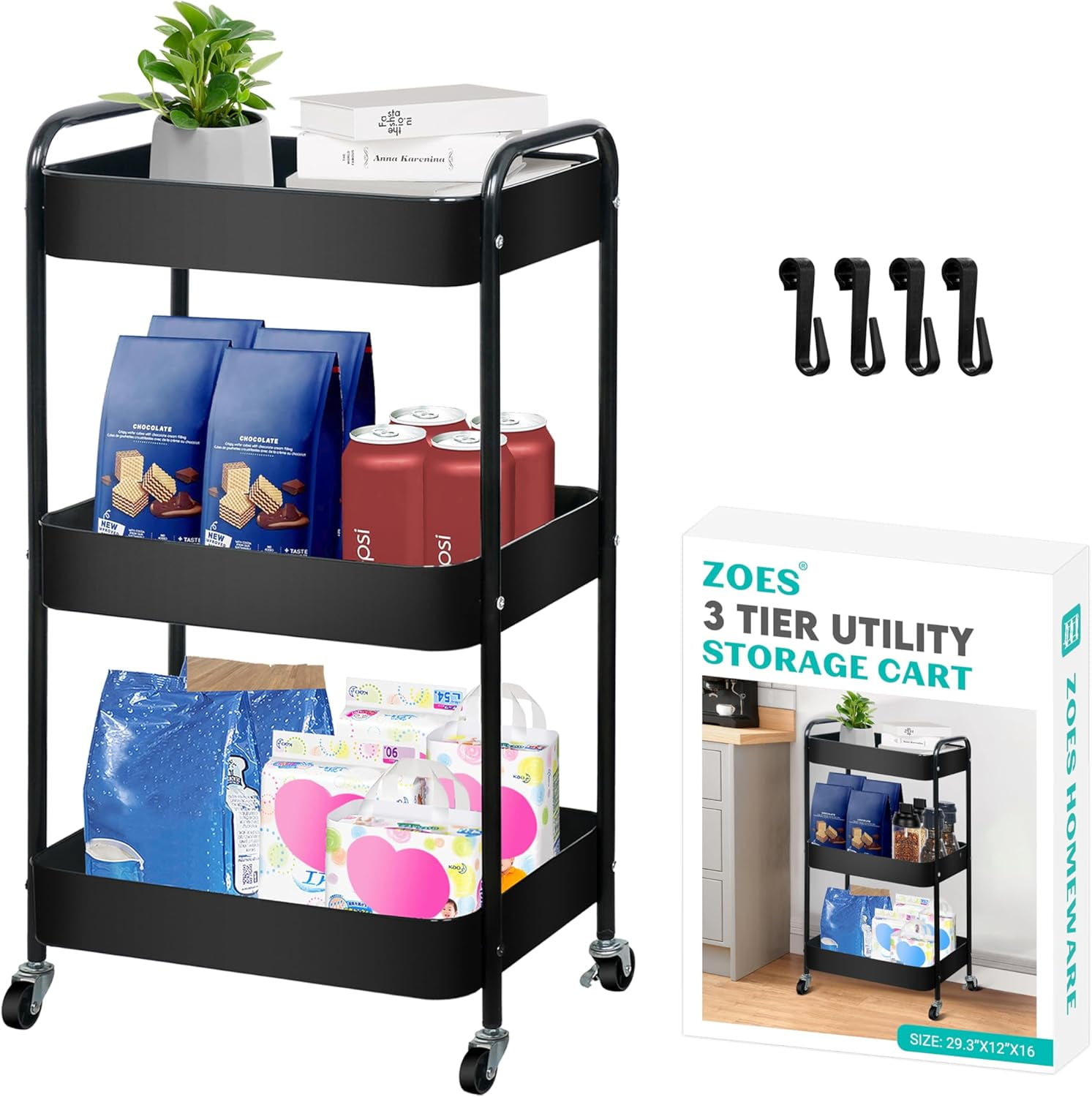 Three-Tier Rolling Cart, Metal Multipurpose Cart with 4 Hooks, Rolling ...