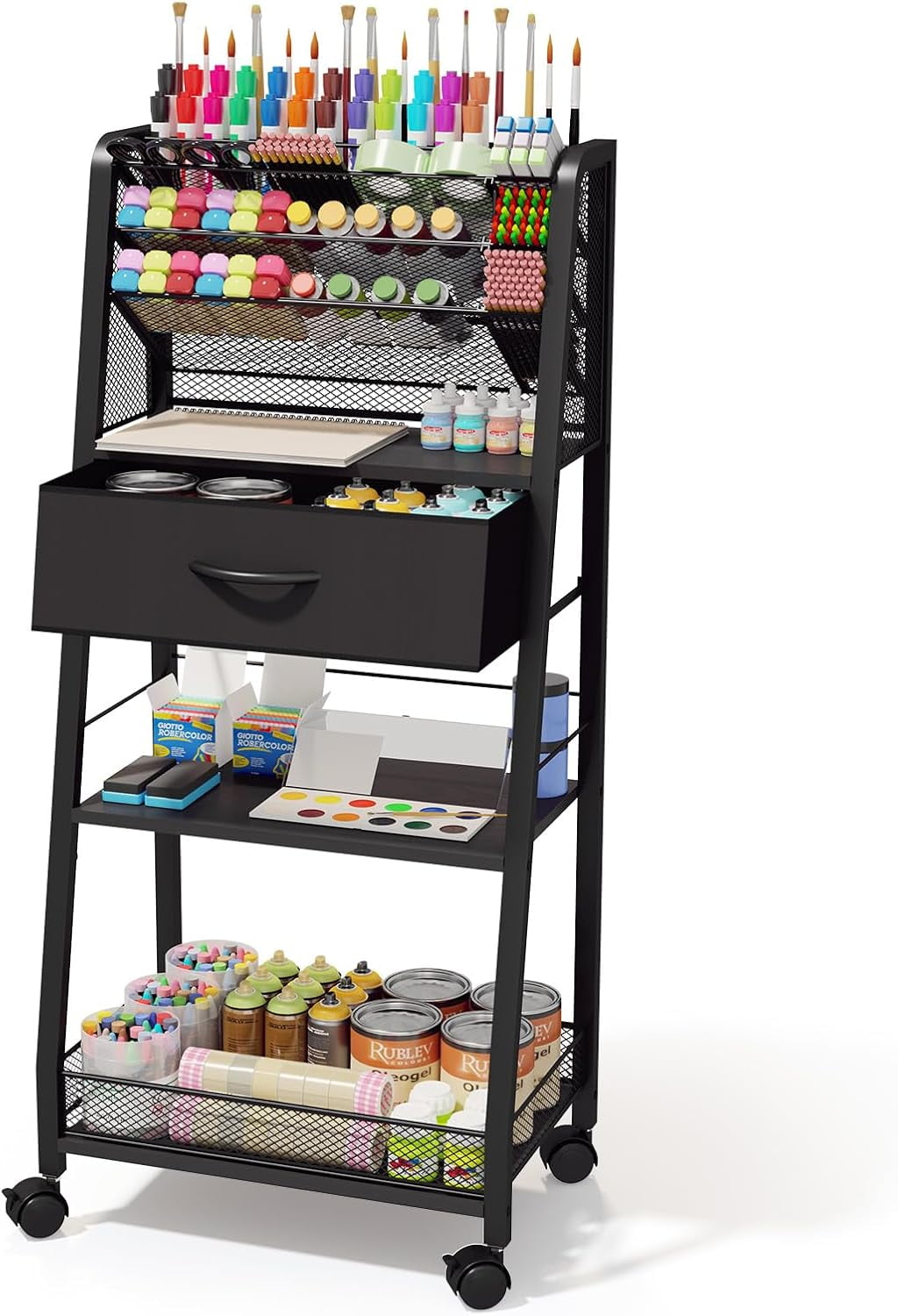 Three-Tier Rolling Cart - Metal Utility Cart with Storage Drawers and ...