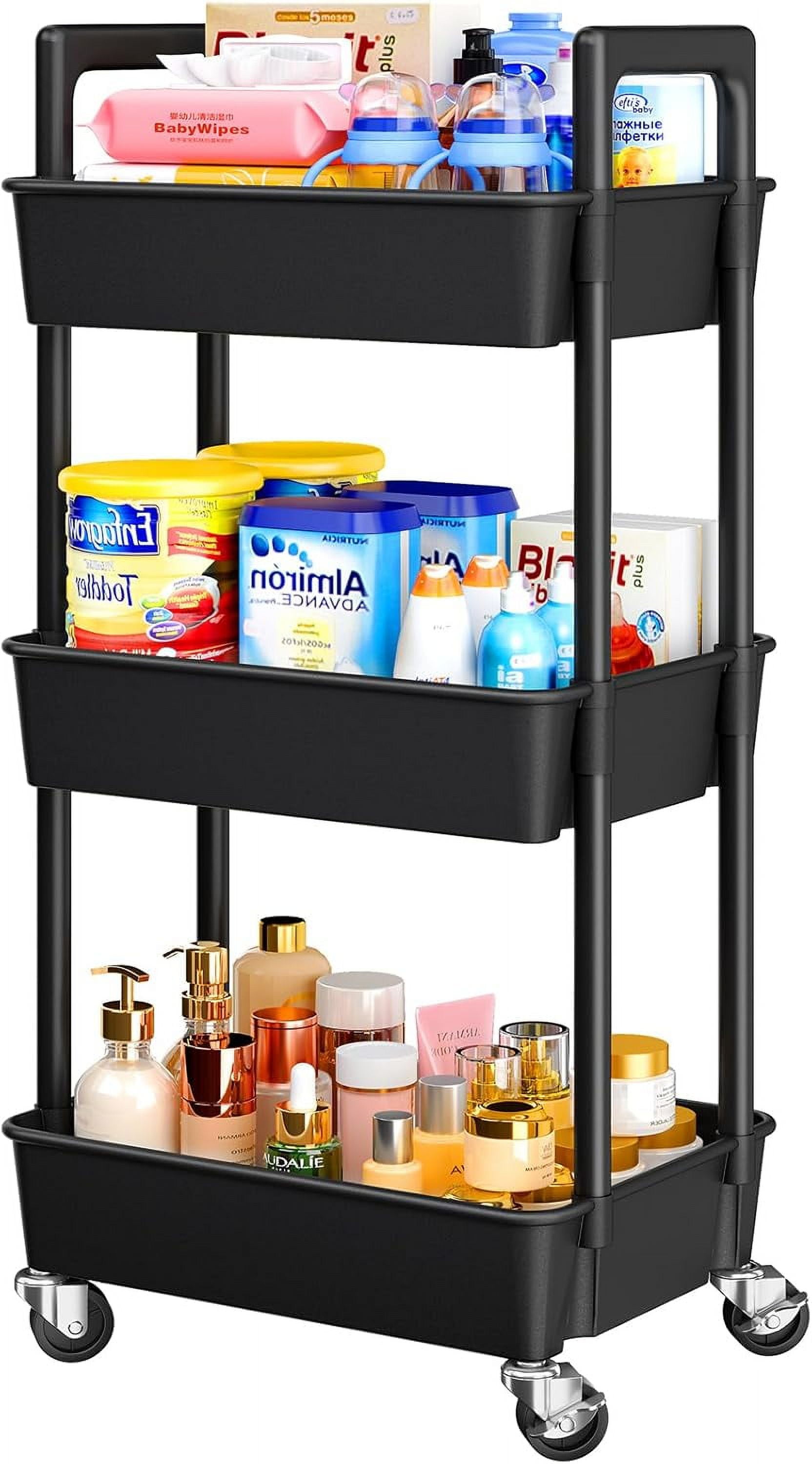 Three-Tier Rolling Cart Organizer, Plastic Rolling Cart with Lockable ...