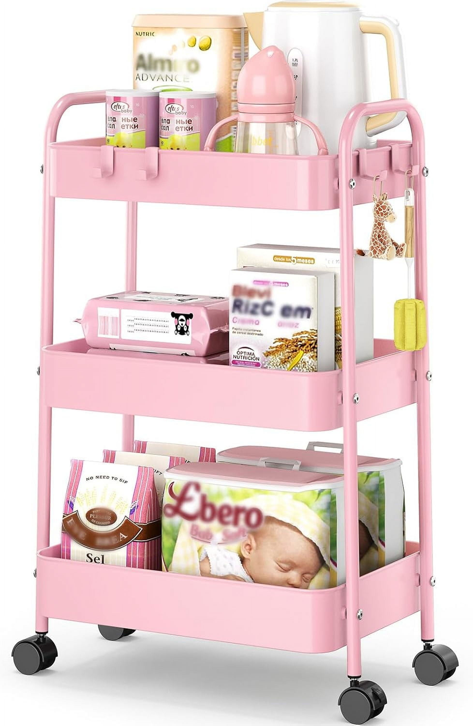 Three-Tier Rolling Storage Cart, Metal Utility Cart with Hooks, Wheeled ...