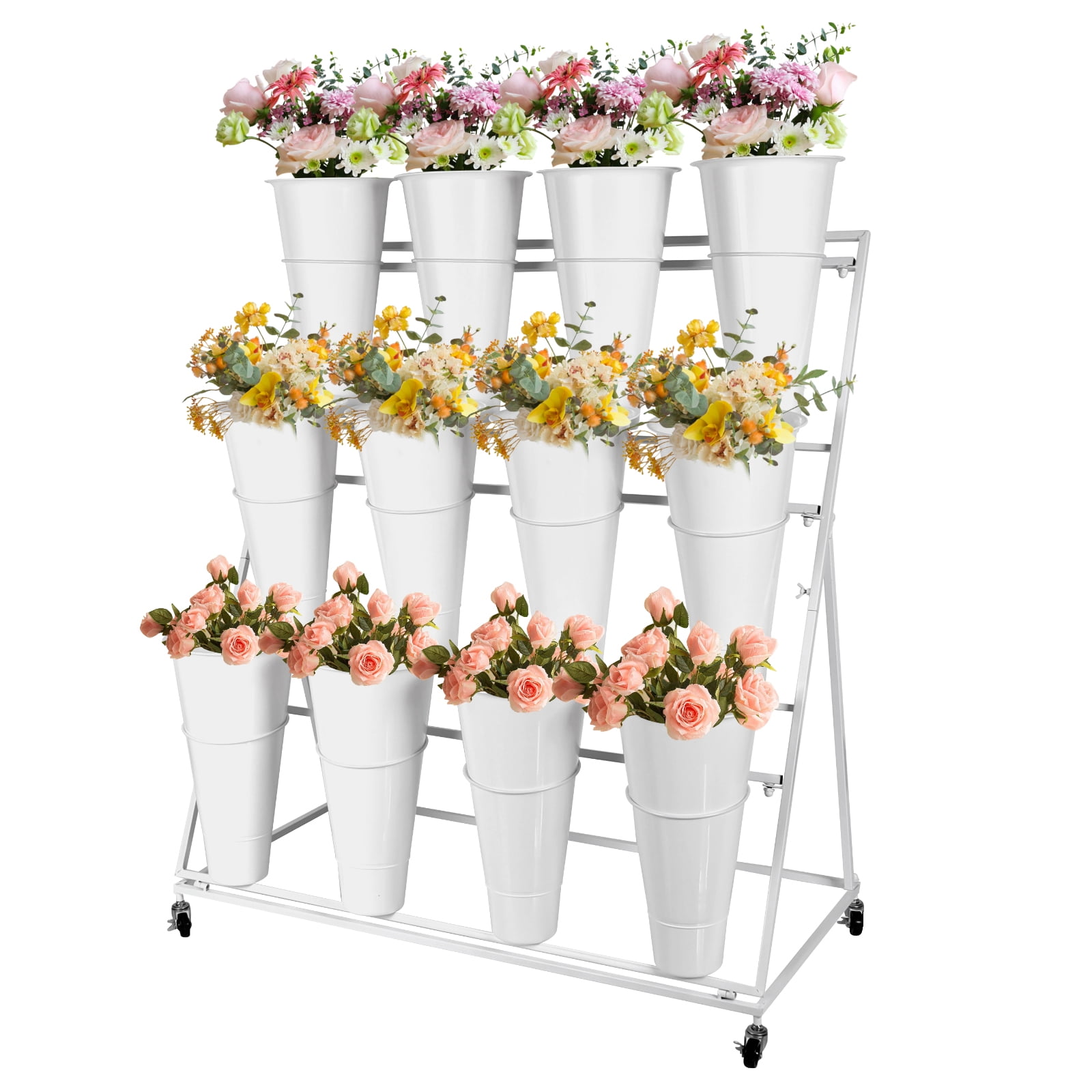 Three-Tier White Flower Stand, Metal Flower Cart with Wheels Level ...