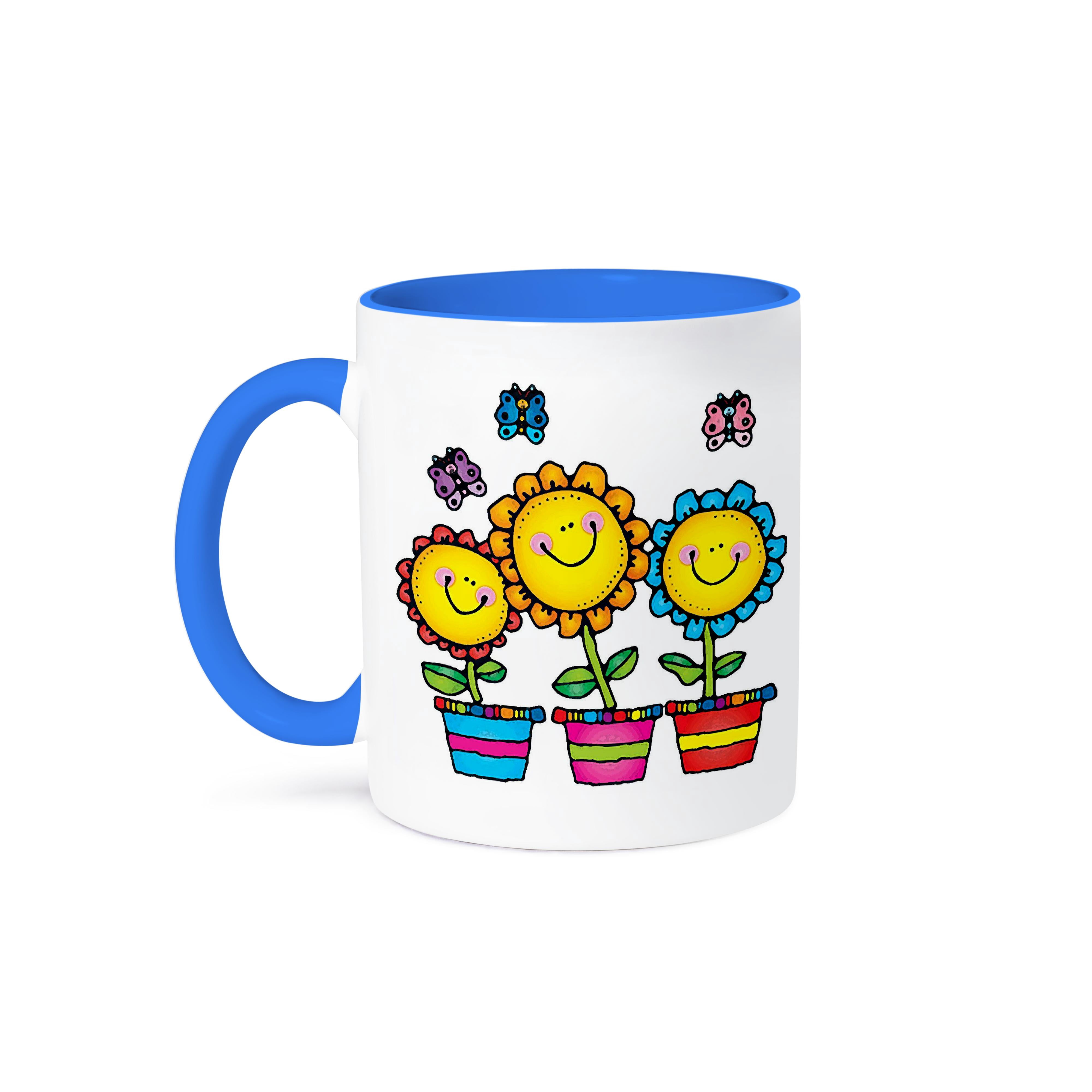 Three Very Happy Cartoon Sunflowers And Butterflies, 11oz Two-Tone Blue ...