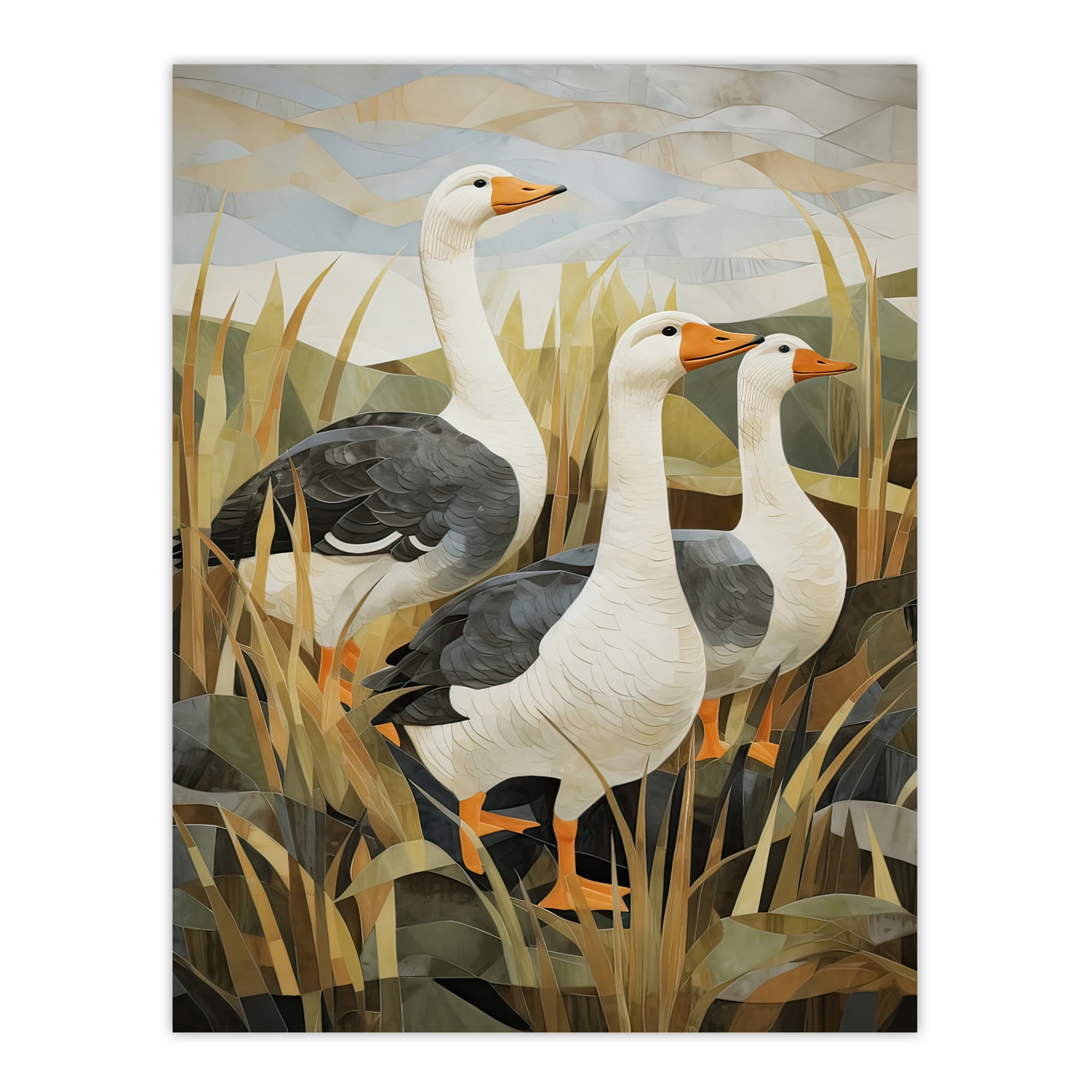 Three Wild Geese Stylised Oil Painting Grey Orange Green Pastel Colour ...
