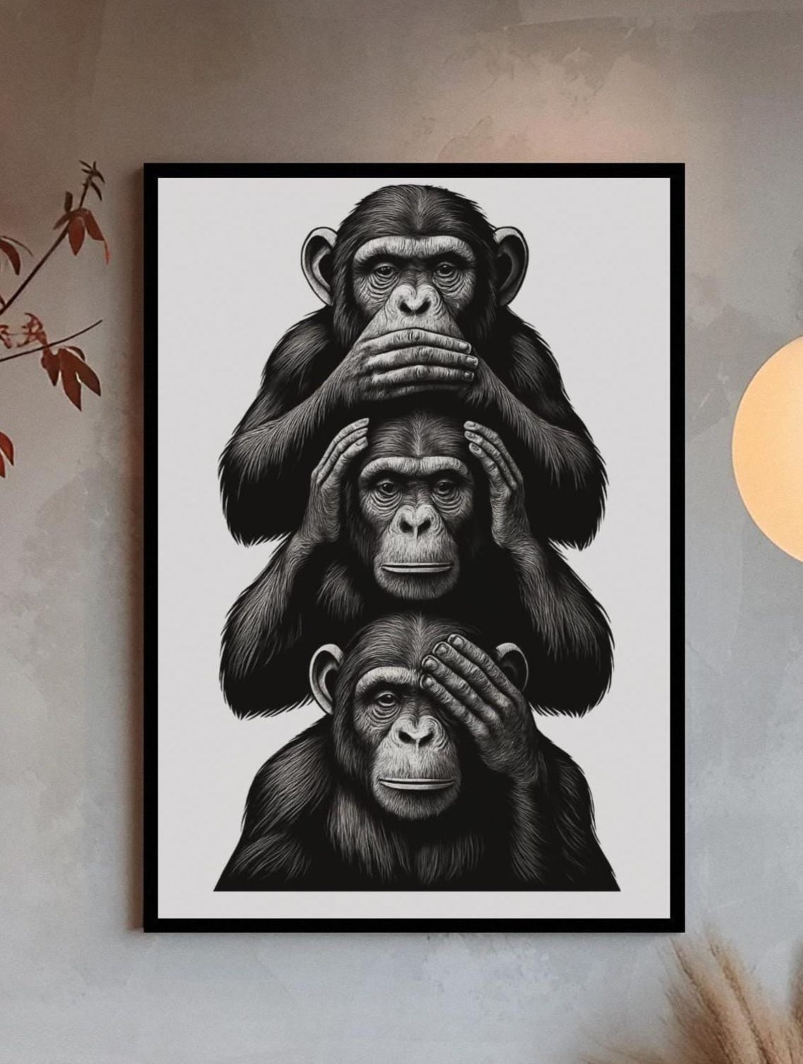 Three Wise Monkeys Wall Art See No Evil Hear No Evil Speak No Evil Poster, Black And White ...