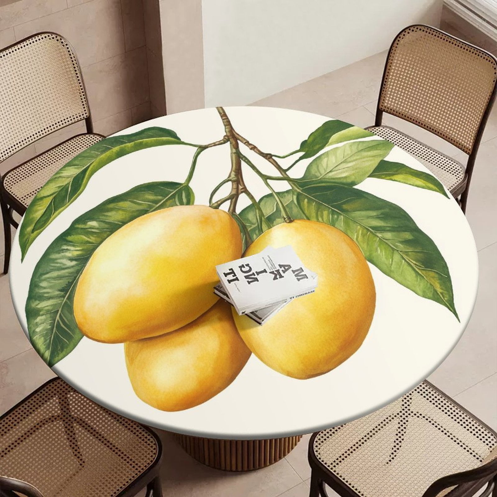 Three Yellow Mangoes with Leaves Round Table Cover Kitchen Printed ...