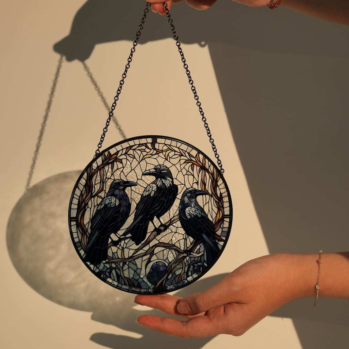 Three crows on branch GLASS Window Hanging, Dark academia, Raven lover ...