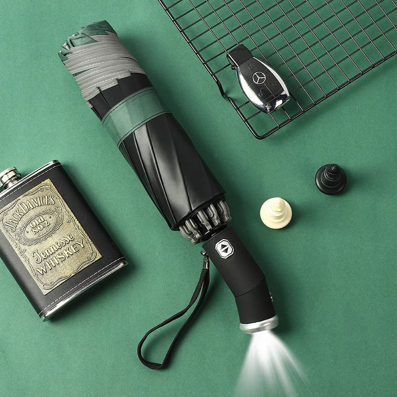 Three-fold car reverse umbrella led light folding black rubber umbrella ...