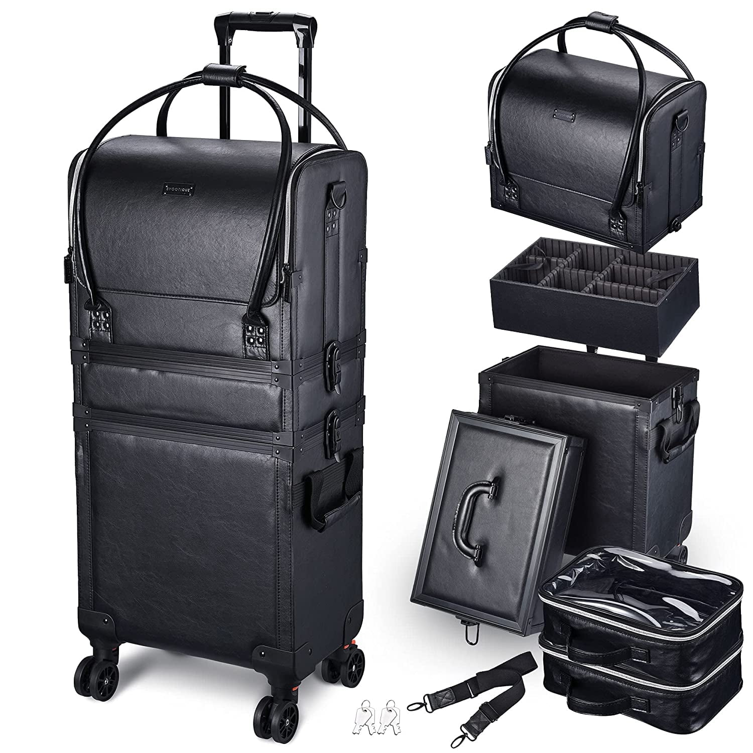 Three-in-One Rolling Makeup Case, Lockable Leather Cosmetic Organizer ...