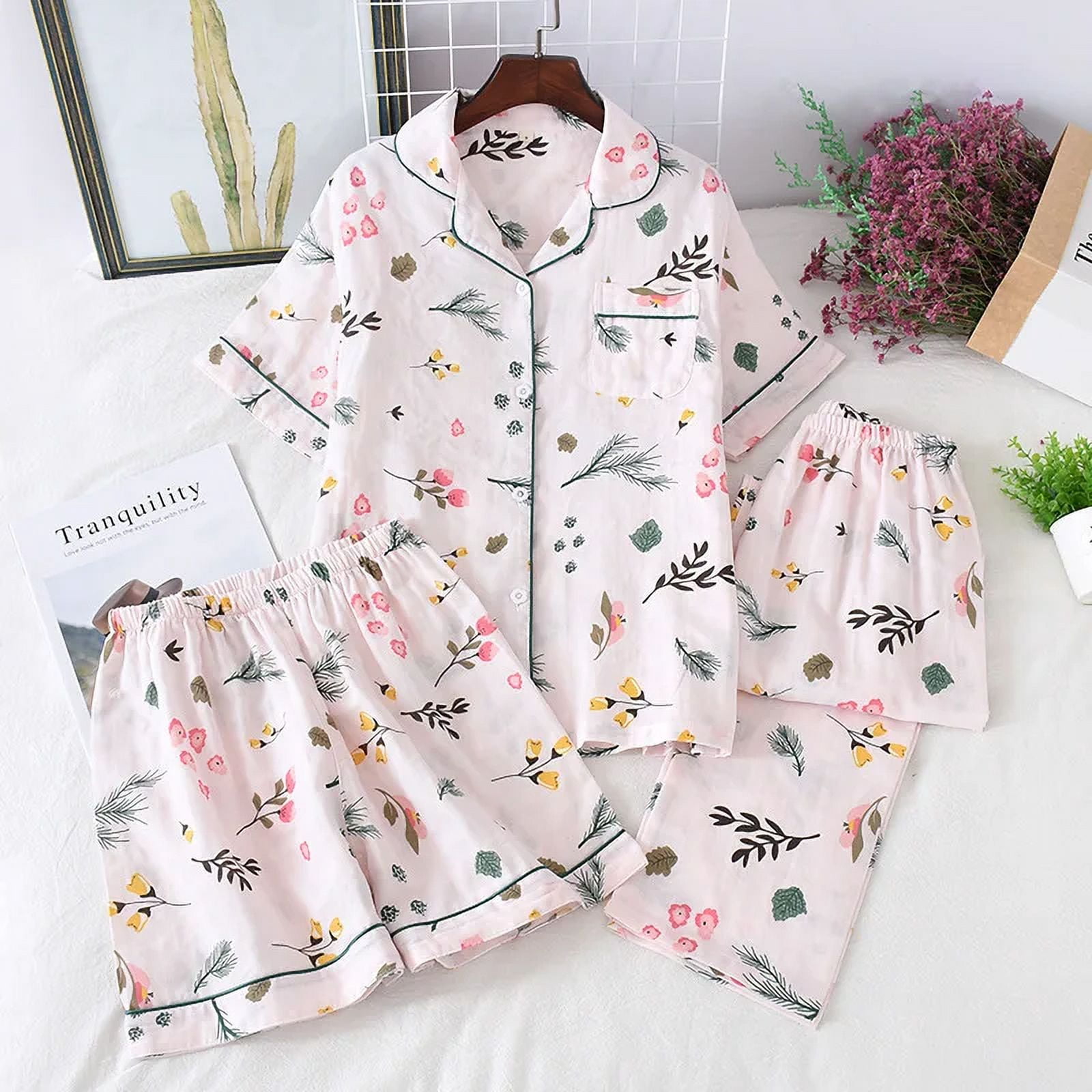 Three-piece -style pajamas women spring and summer autumn cotton gauze ...