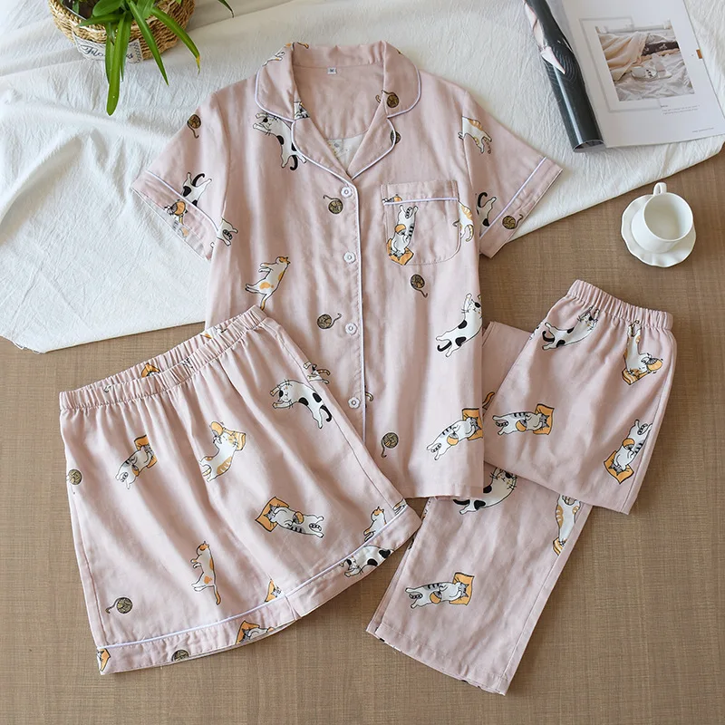 Three-piece -style pajamas women spring and summer autumn cotton gauze ...