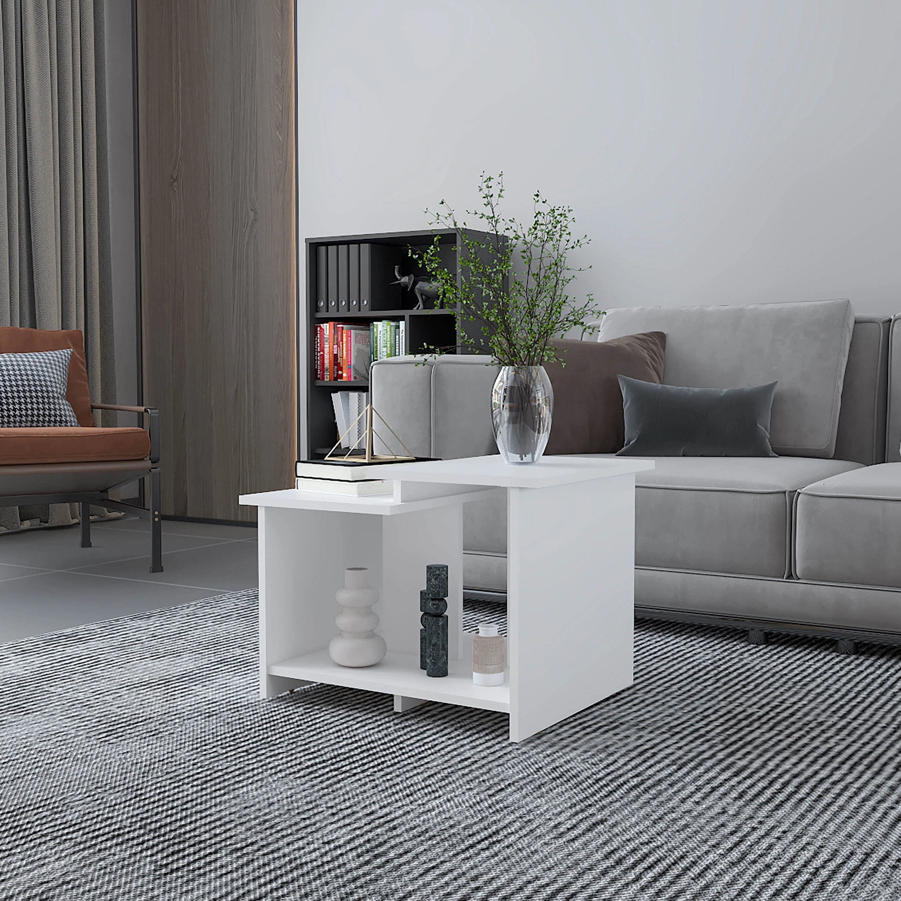 Three - shelf white open - storage coffee table - Clutter - free setup ...