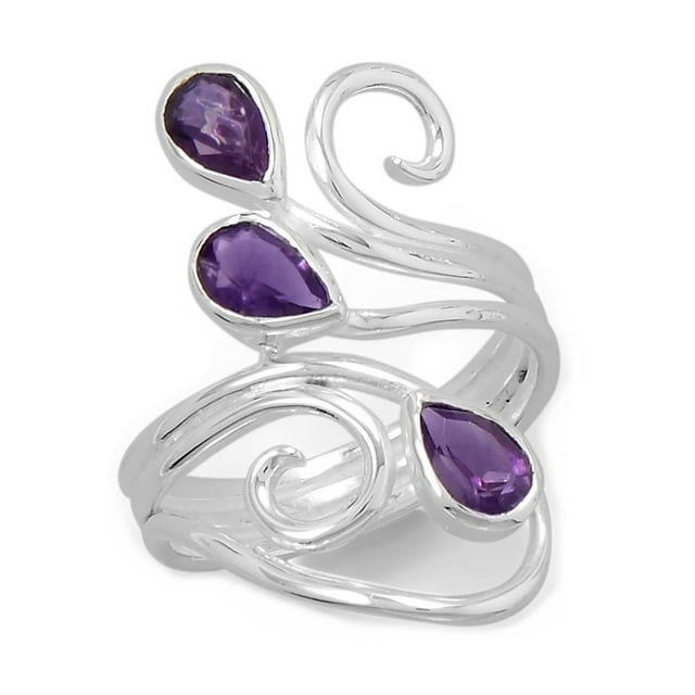 Three-stone Teardrop Amethyst Ring Swirl Scroll Design Sterling Silver ...