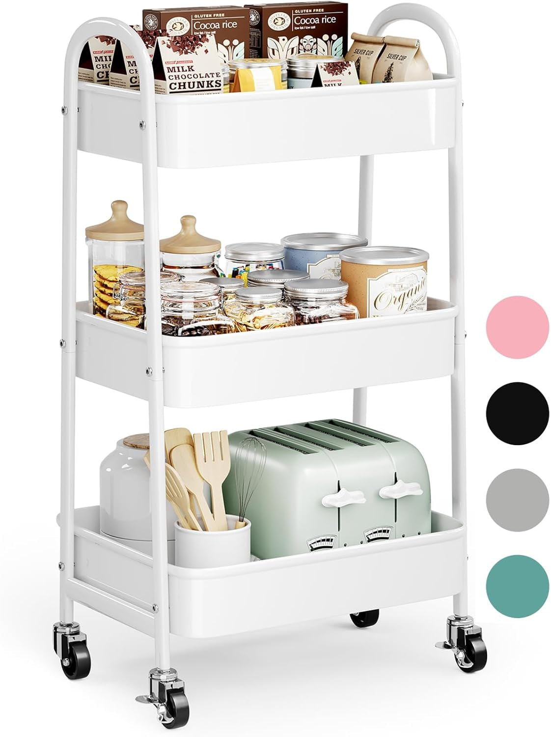 Three-tier metal rolling cart with wheels and handles, black three-tier art cart storage rack ...