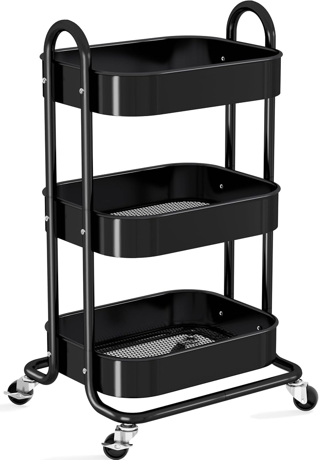 Three-tier metal rolling cart with wheels and handles, black three-tier art cart storage rack ...