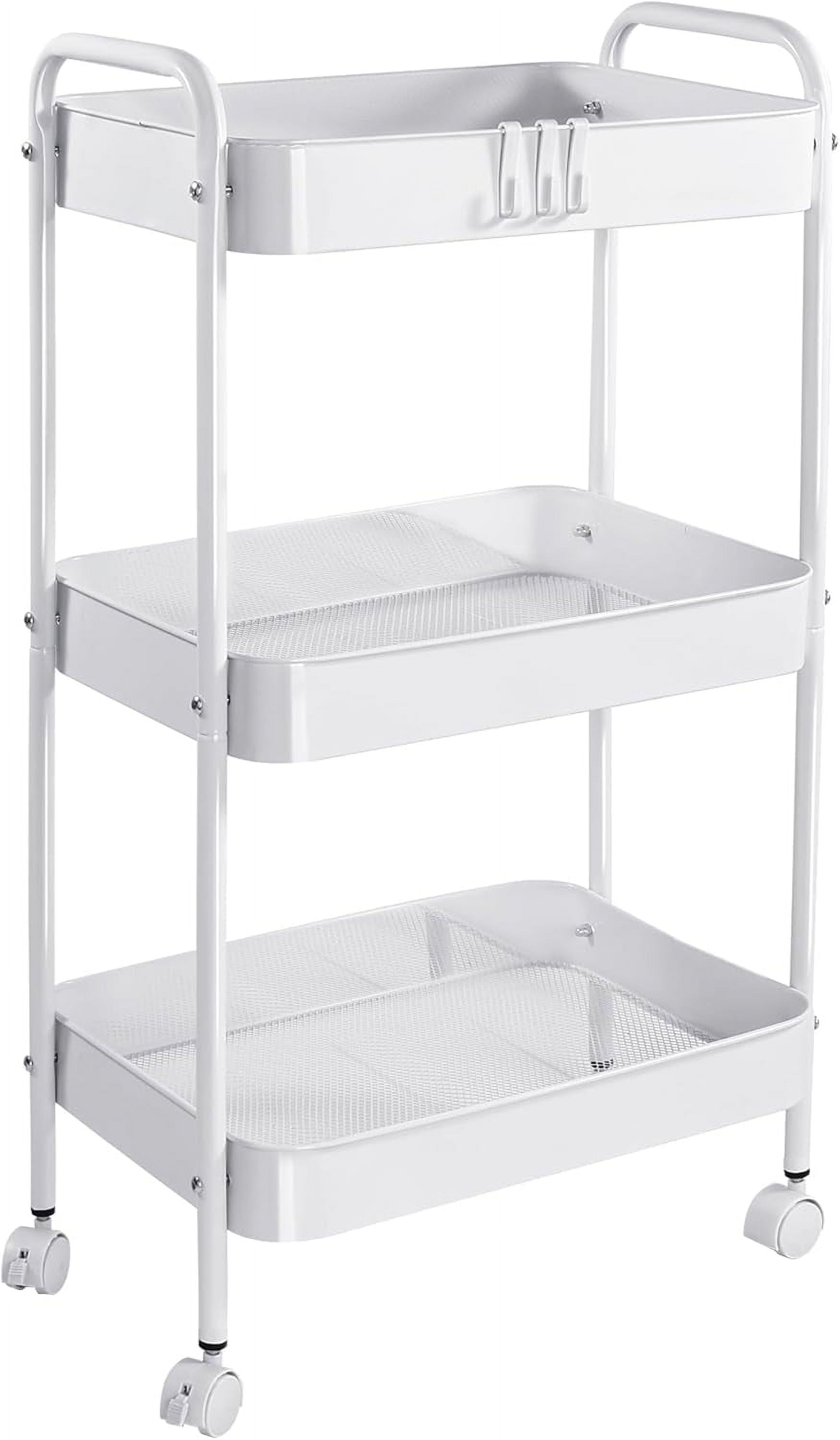 Three-tier metal rolling cart with wheels, practical storage trolley ...