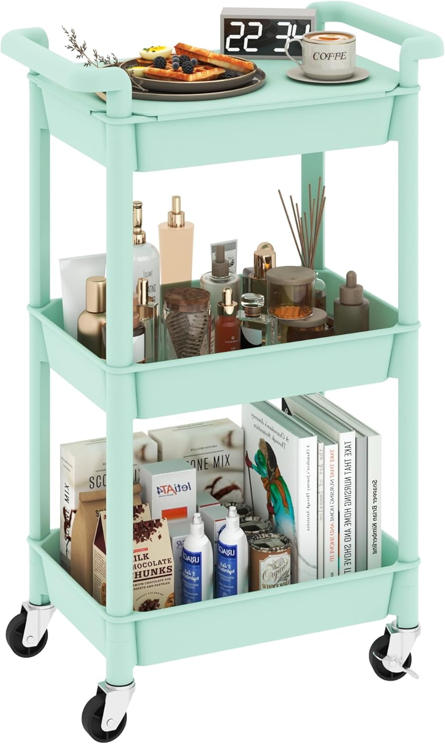 Three-tier multi-purpose rolling cart with covered top, mobile multi ...