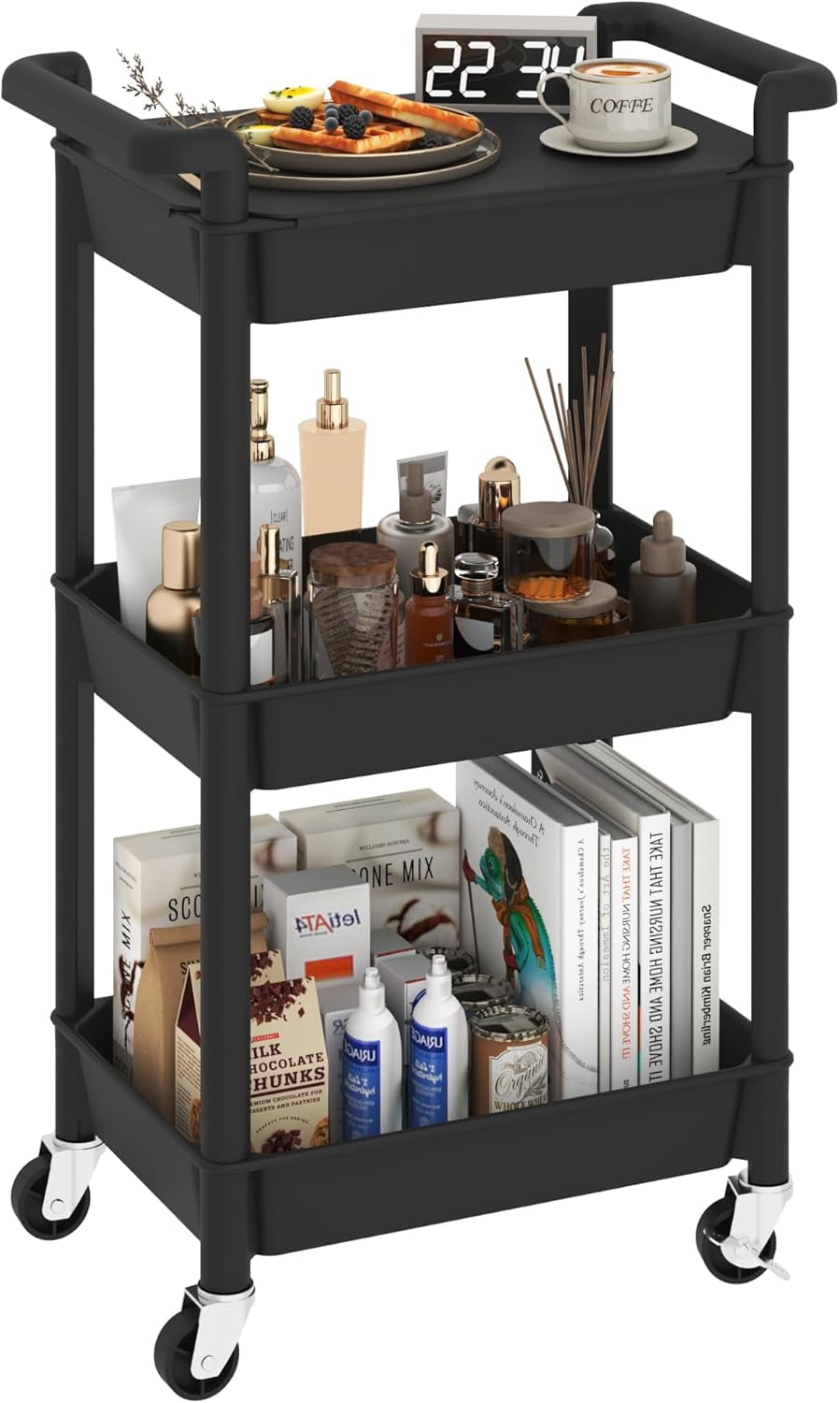 Three-tier multi-purpose rolling cart with covered top, mobile multi ...