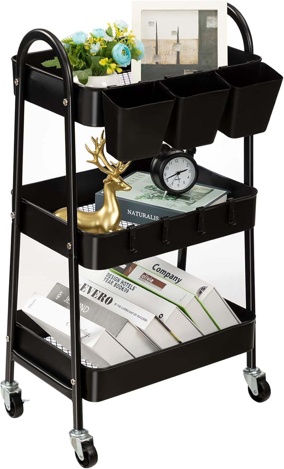 Three-tier rolling cart, metal rolling storage cart with lockable ...