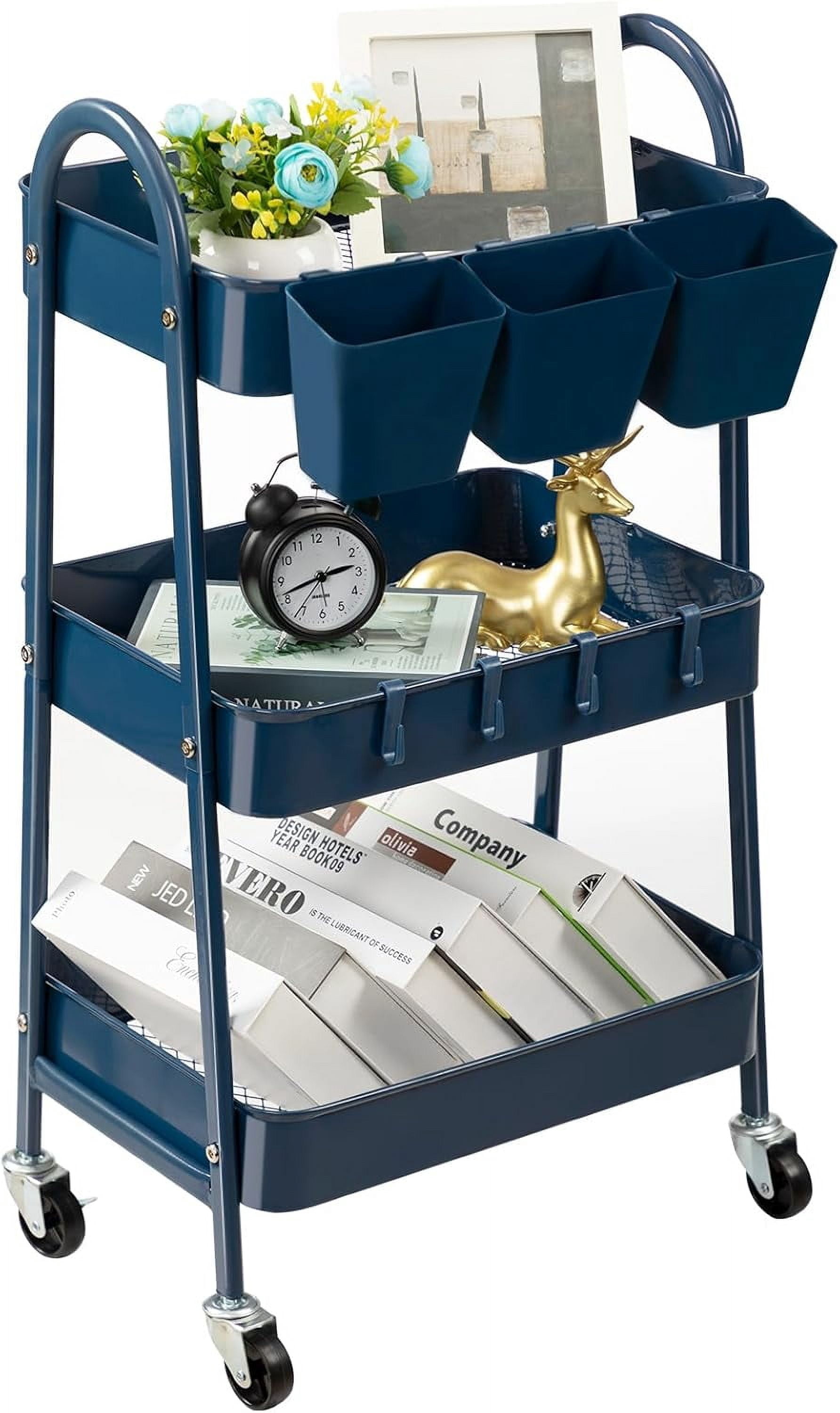 Three-tier rolling cart, metal rolling storage cart with lockable ...