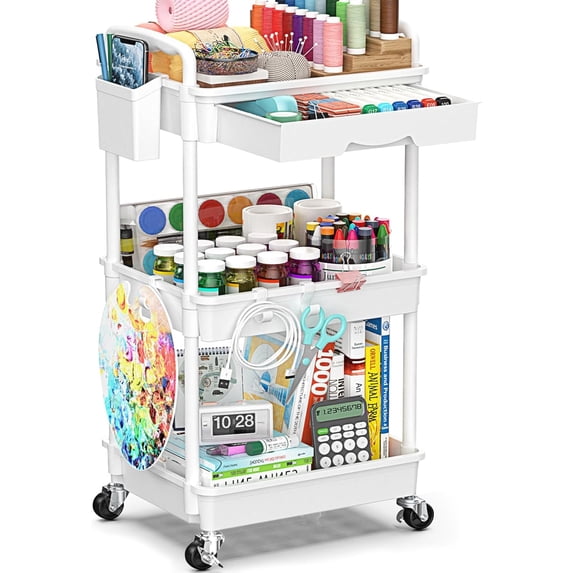 Three-tier rolling mobile shelf with drawers and lockable wheels ...