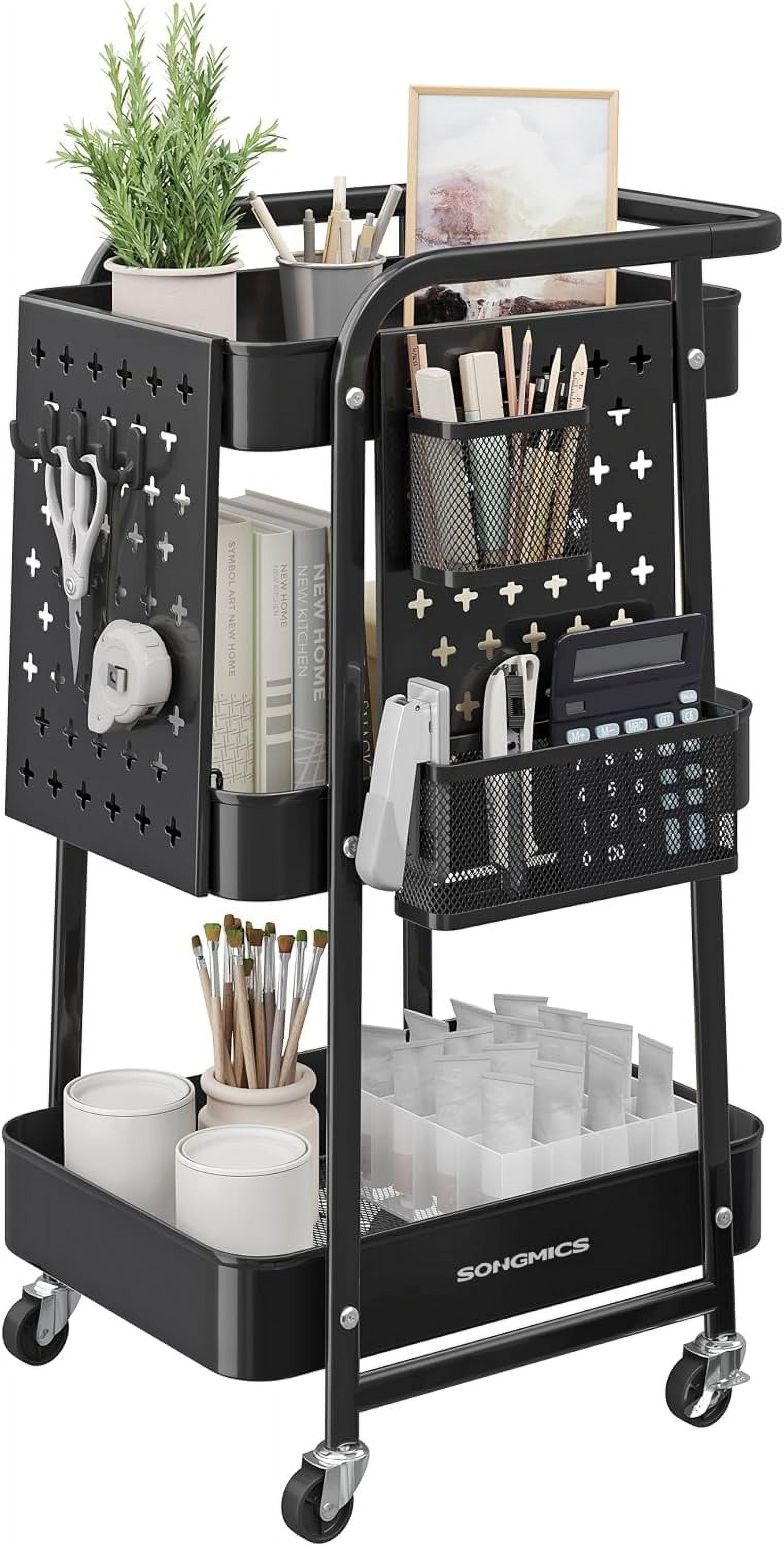 Three-tier storage cart, rolling multi-purpose cart, metal grid frame ...