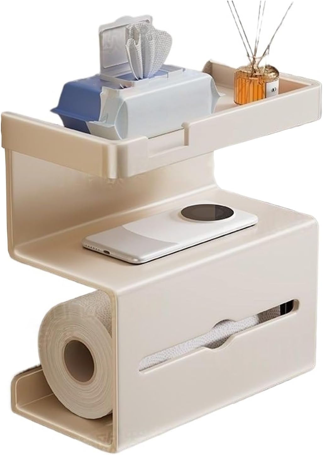 Three-tier toilet paper holder with built-in phone holder, wall-mounted toilet paper roll holder ...