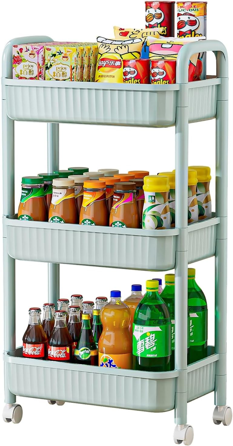 Three-tier wheeled rolling cart, multi-purpose cart with handles and ...