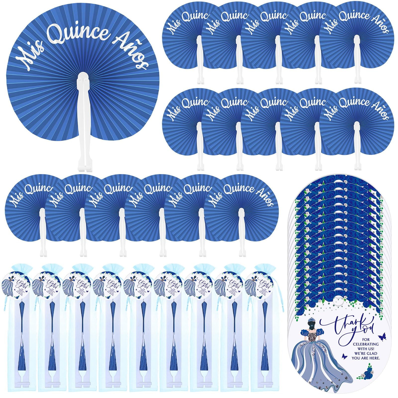 Threehoney 50 Sets Quinceanera Favors for Guests Round Blue Paper Fans ...