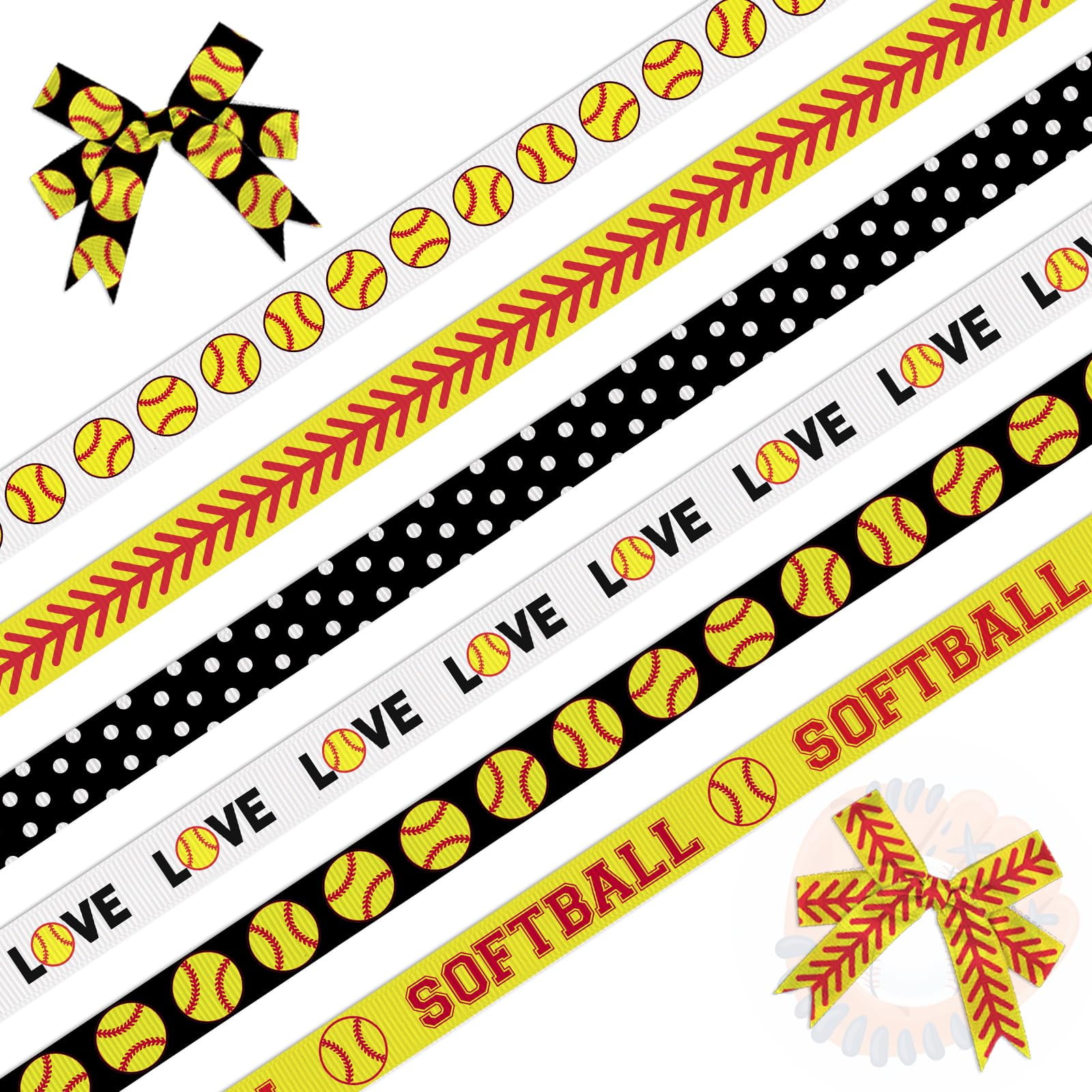 Threetols 6 Rolls 18 Yards Softball Ribbons, 3/8" Black White Dot ...