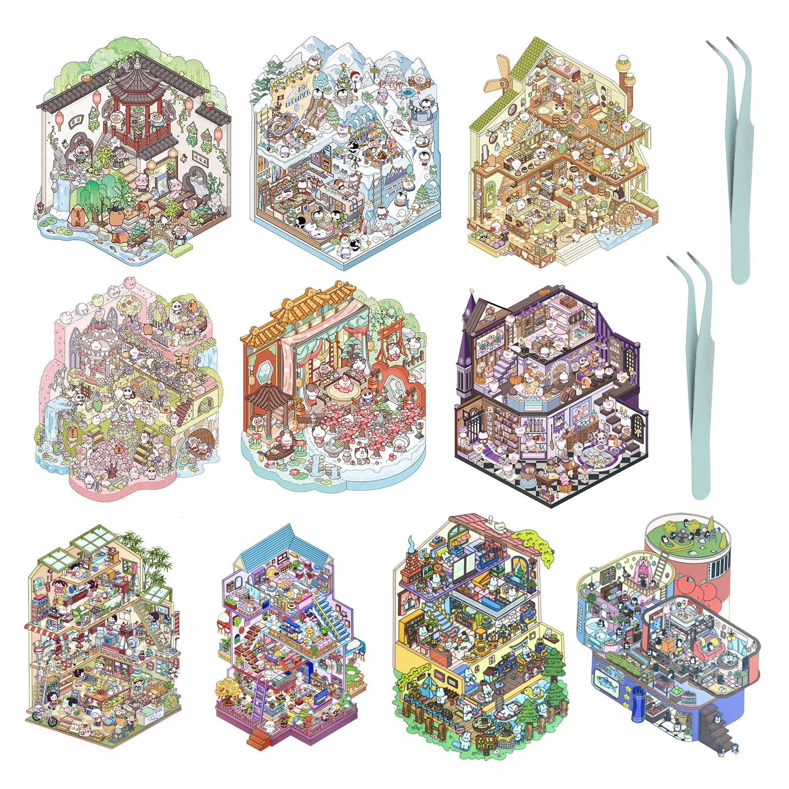 Threns 10 Pcs 3D Sticker Scene Creative 3D House Sticker Funny Cute DIY ...