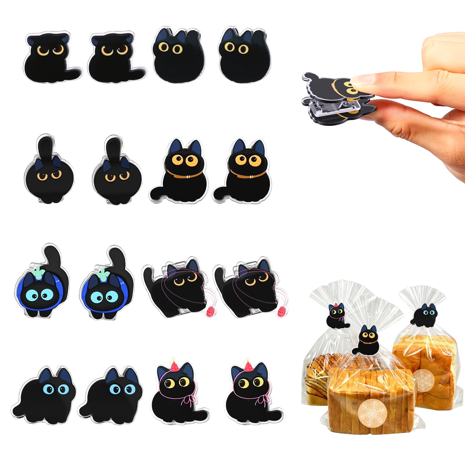 Threns 16 Pack Chip Clips, Cute Black Cat Food Bag Clips, Acrylic ...