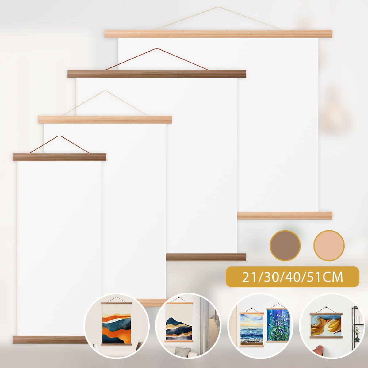 Threns Wood Poster Frame 4Pcs Magnetic Poster Hanging Rod Simple Teak ...