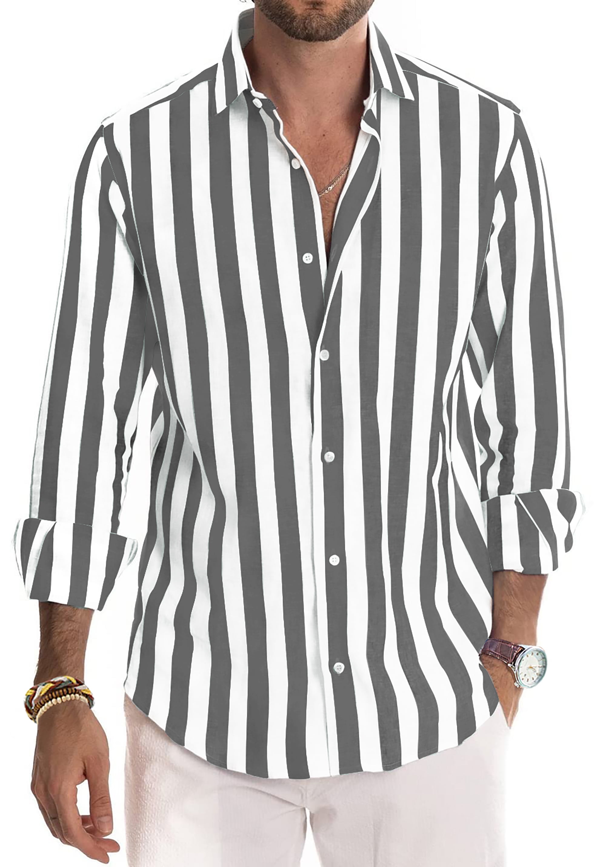 Thrilos Button Up Shirts for Men Striped Long Sleeve Tops Casual Button ...