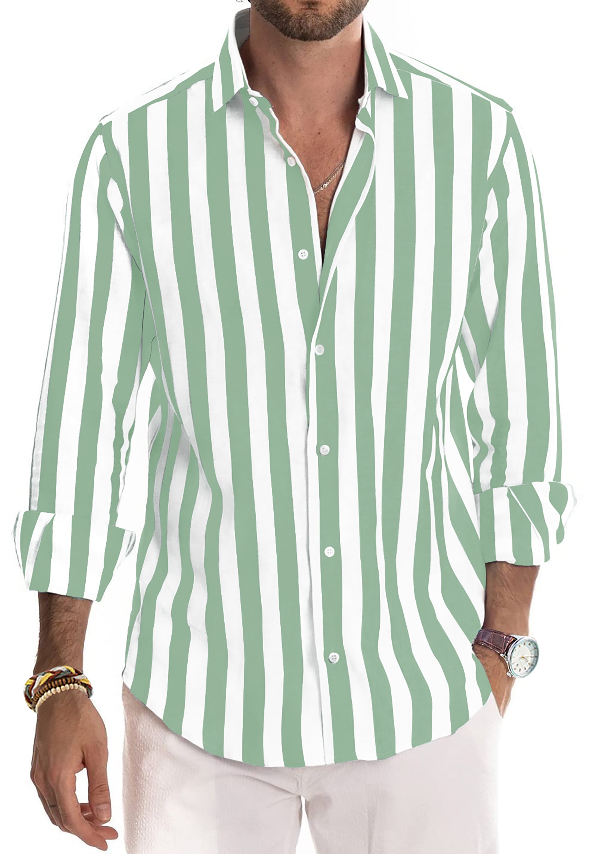 Thrilos Button Up Shirts for Men Striped Long Sleeve Tops Casual Button ...