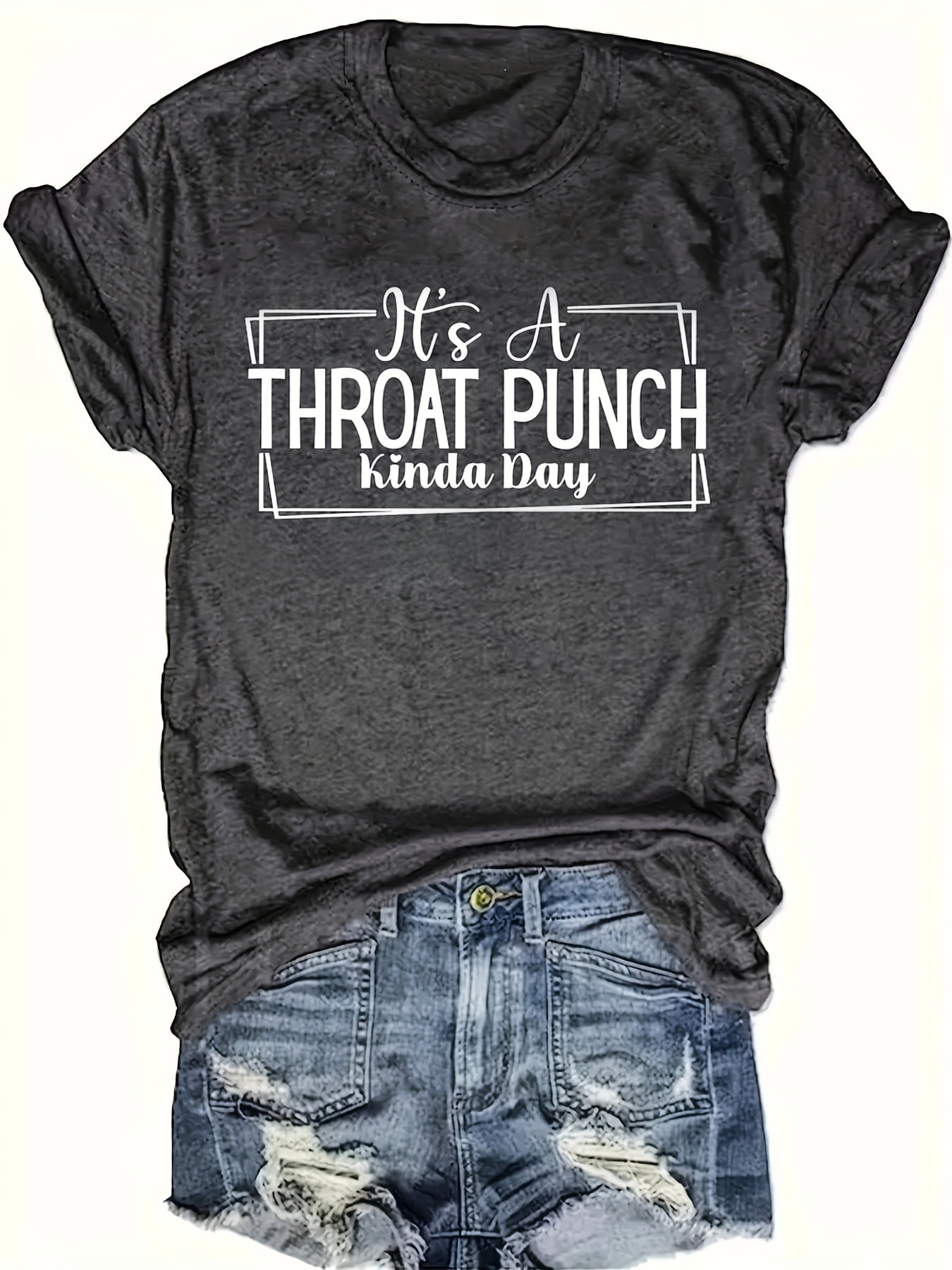 Throat Punch Print Crew Neck T-shirt, Casual Short Sleeve Top, Women's ...
