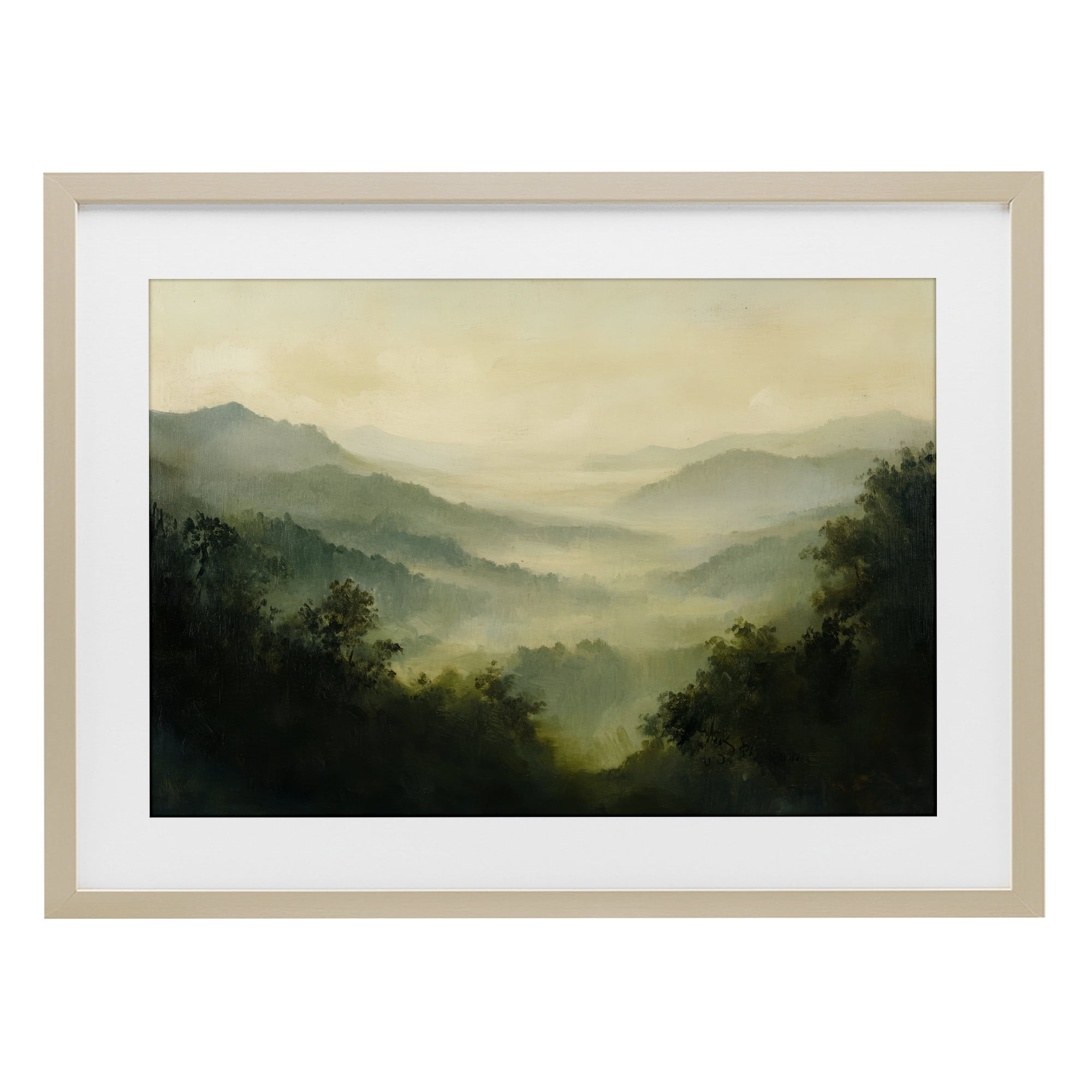 Through The Haze Landscape Birch Framed Print Under Glass, design by ...