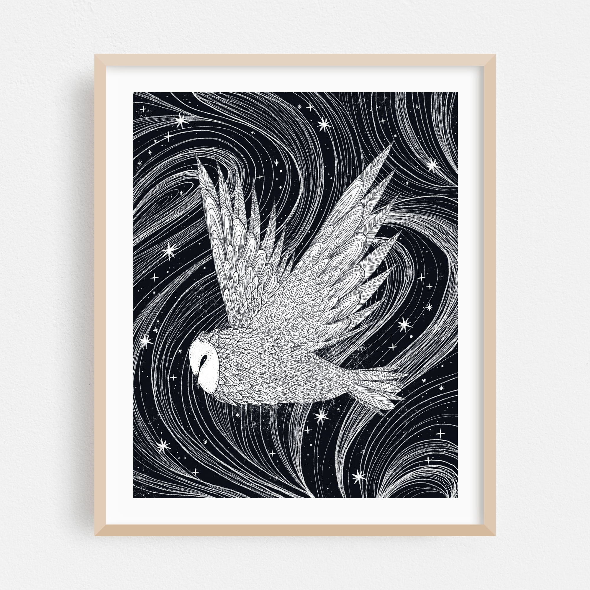 Through Time & Space - Drawing Night Sky Line Art Cosmic Stars Bird ...