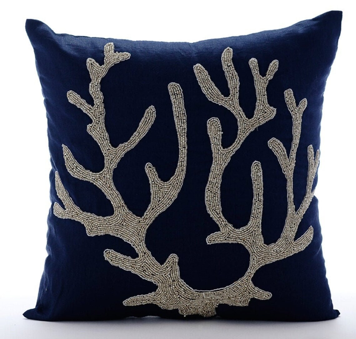 Throw 20x20 inch (50x50 cm) Pillow Cover Navy Blue Couch, Beaded Corals ...